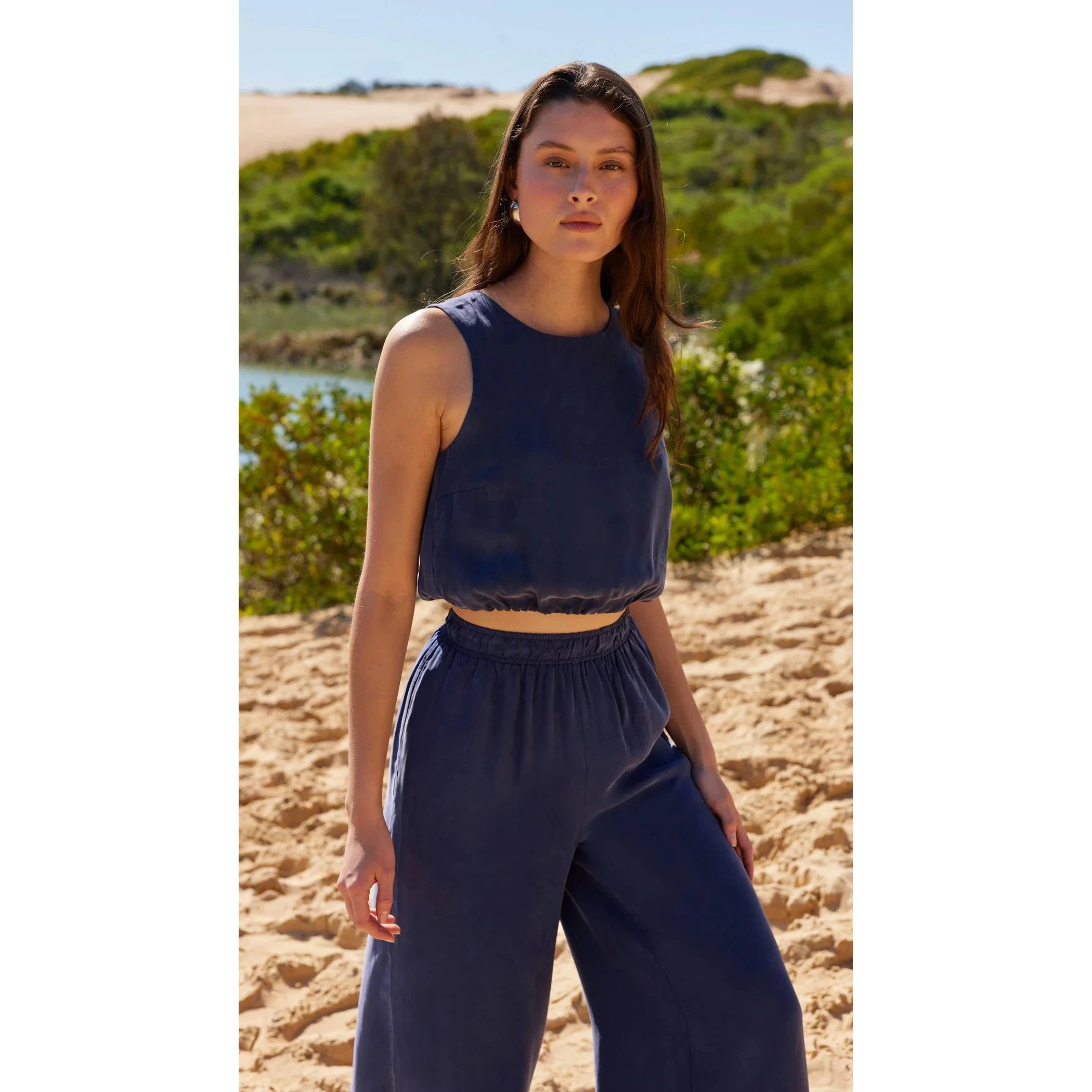 Clover Cupro Top | StapleSleeveless cupro crop top in navy Boat neckl ...